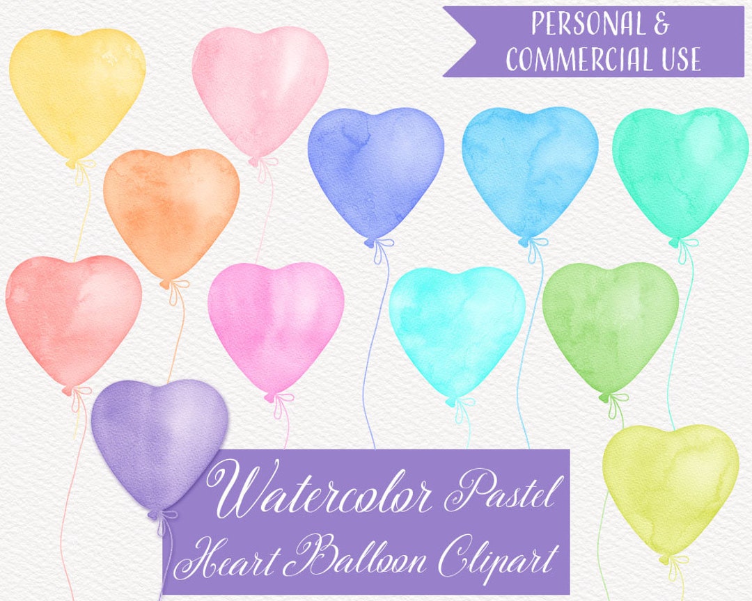 Watercolor Pastel Heart Balloons Clipart, 12 PNG Files, Instant ...