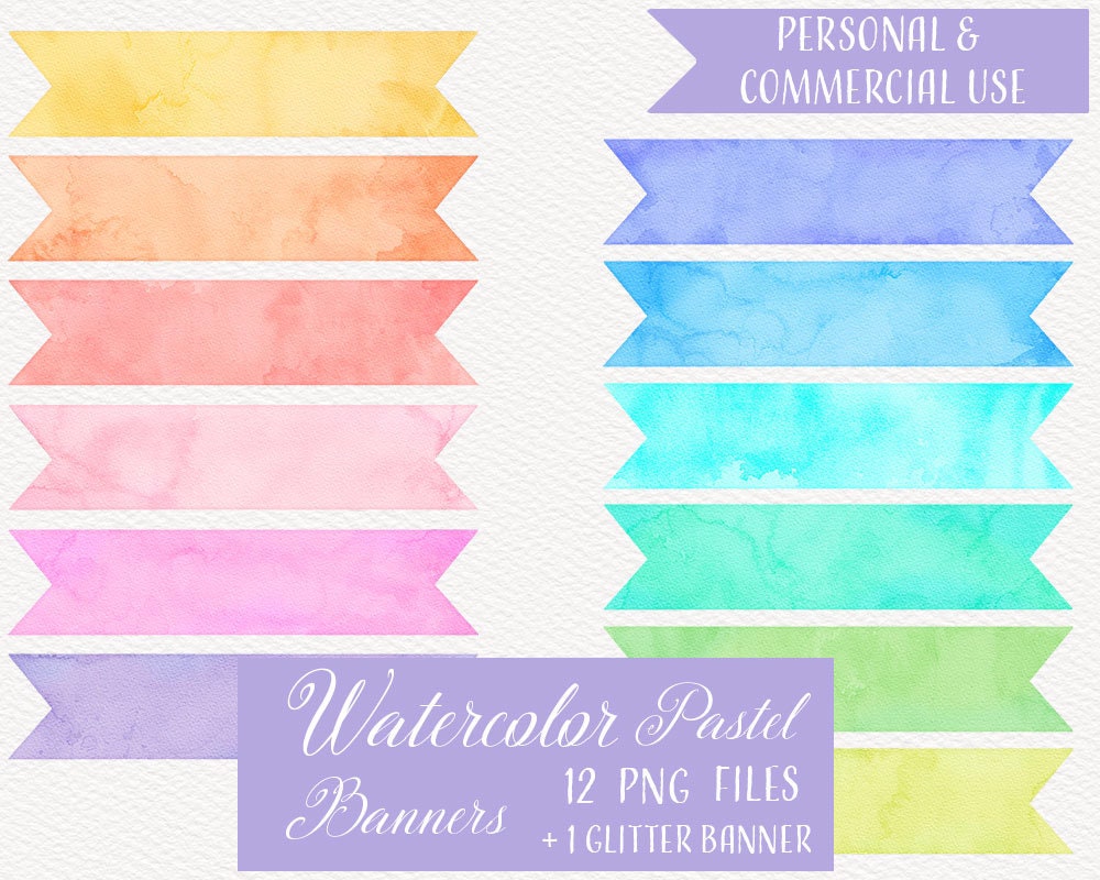 Watercolor Pastel and Glitter Banner Clipart Printable - Etsy