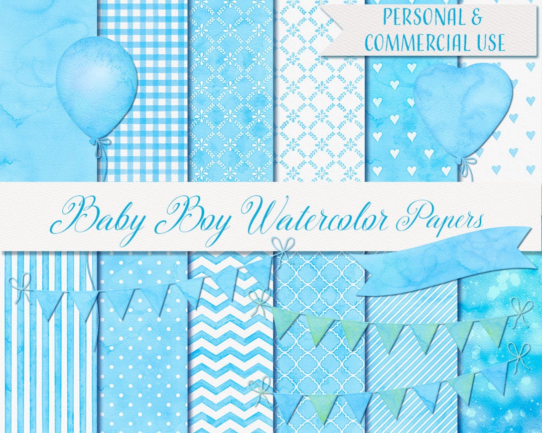 Baby Boy Watercolor Digital Paper, 12 Papers 12" X 12", Baby Boy ...