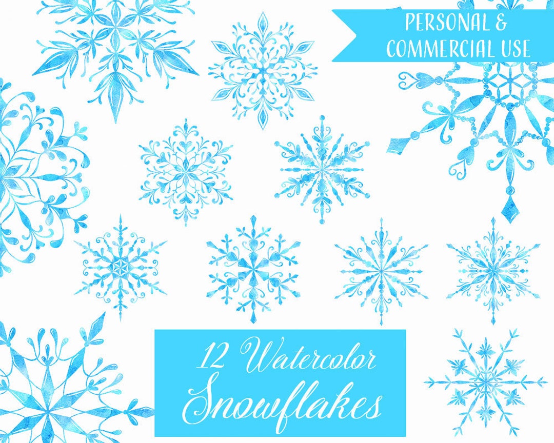 Watercolor Snowflakes Clipart, 12 Blue Digital PNG Snowflakes ...
