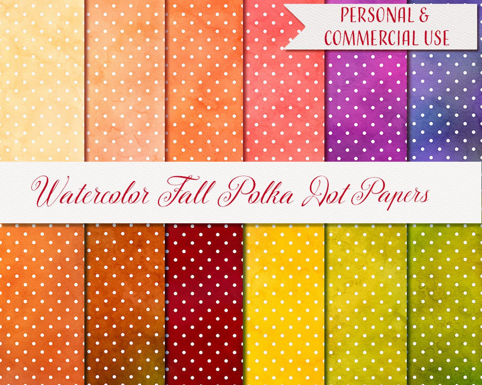 Watercolor Digital Paper, Watercolor Fall Digital Polka Dot Papers, 12 ...