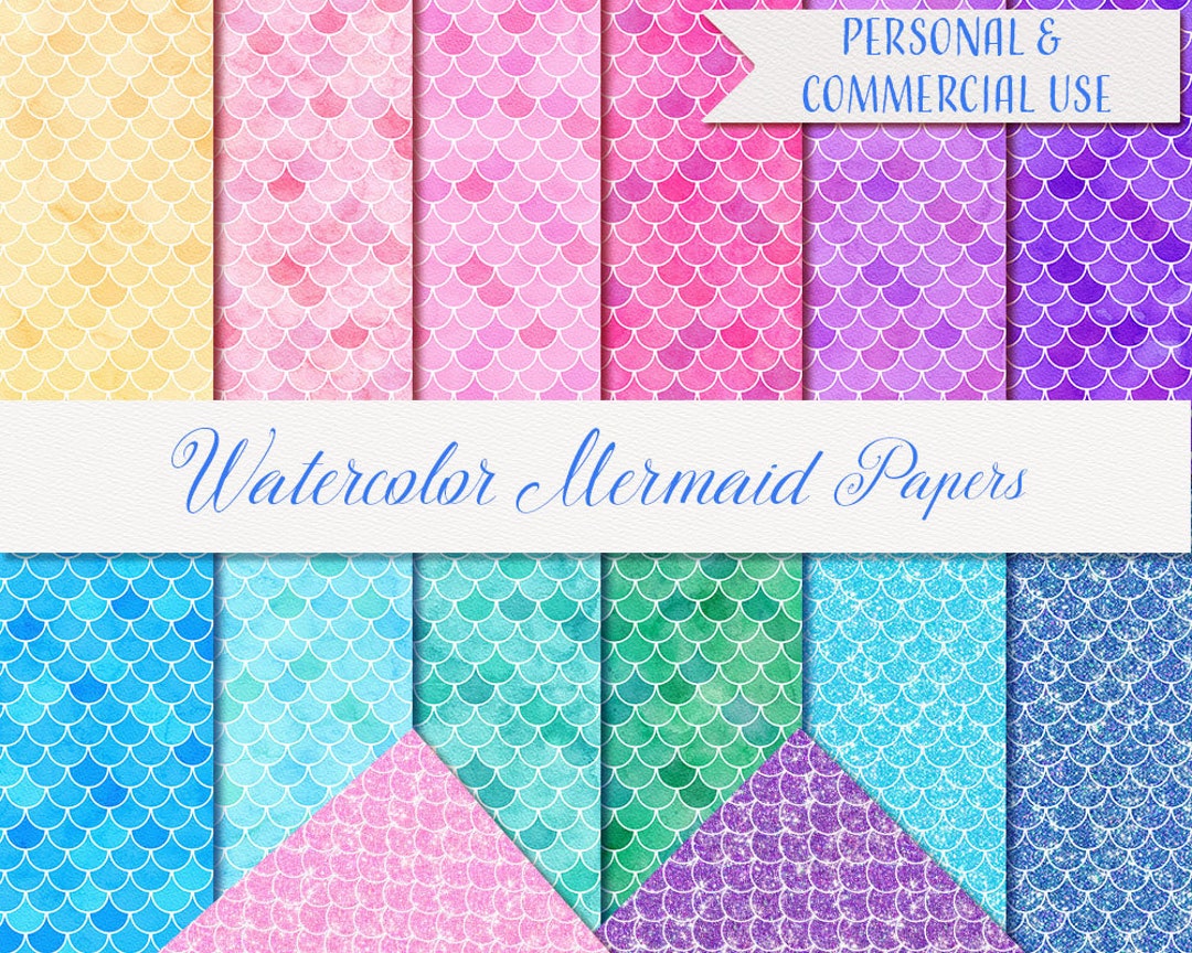 Watercolor Mermaid Papers, Mermaid Glitter Papers, Watercolor Digital ...