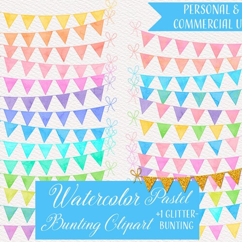 Watercolor Pastel and Glitter Bunting Clipart 27 PNG Files - Etsy