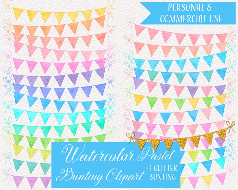 Watercolor Pastel and Glitter Bunting Clipart, 27 PNG Files, Instant ...