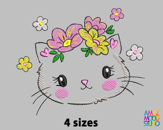 Cute Cat With Flowers Machine Embroidery Design - Etsy
