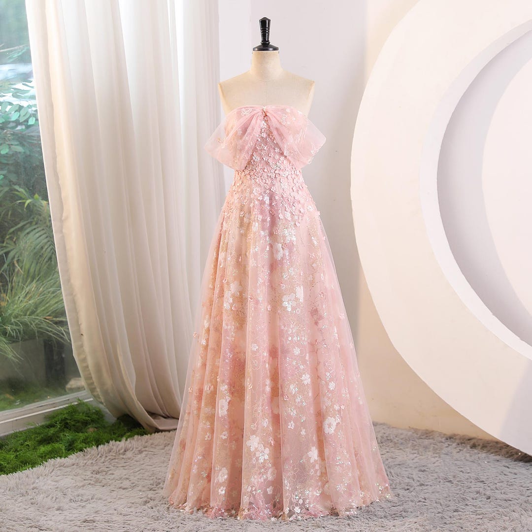 Dreamy Pink Tulle Prom Dress, Pink Flower Prom Dress, Handmade Custom ...