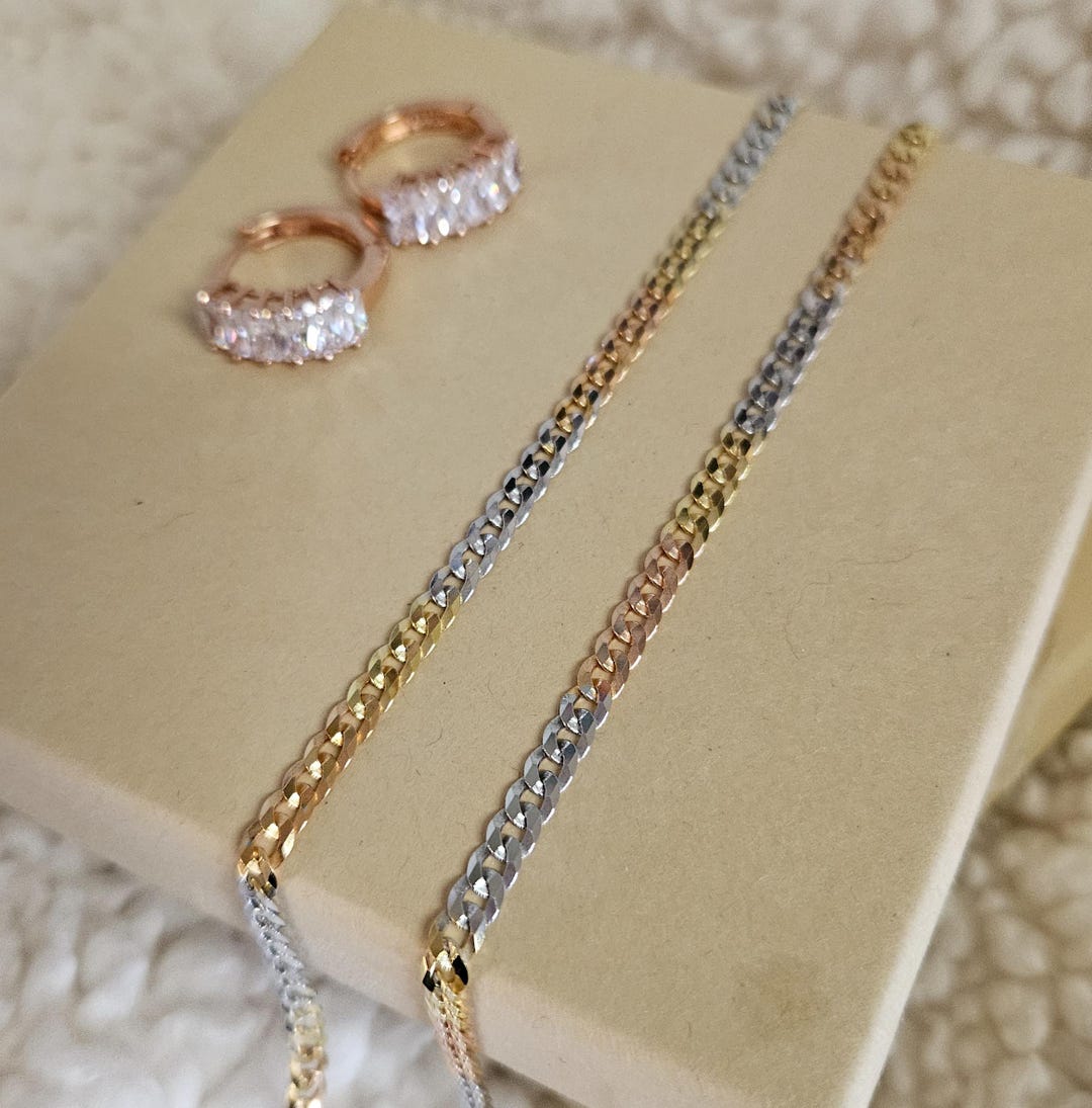 Tri-color Cuban 925 Sterling Silver 14k Gold Vermeil Rose Gold Choker ...