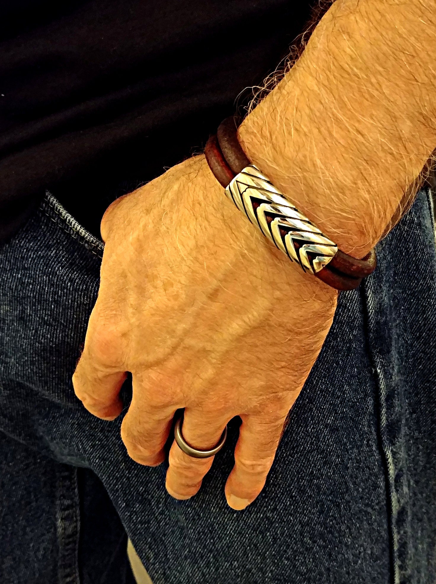 Stainless Steel Chevron Black Matte Leather Mens Bracelet 3 - Etsy