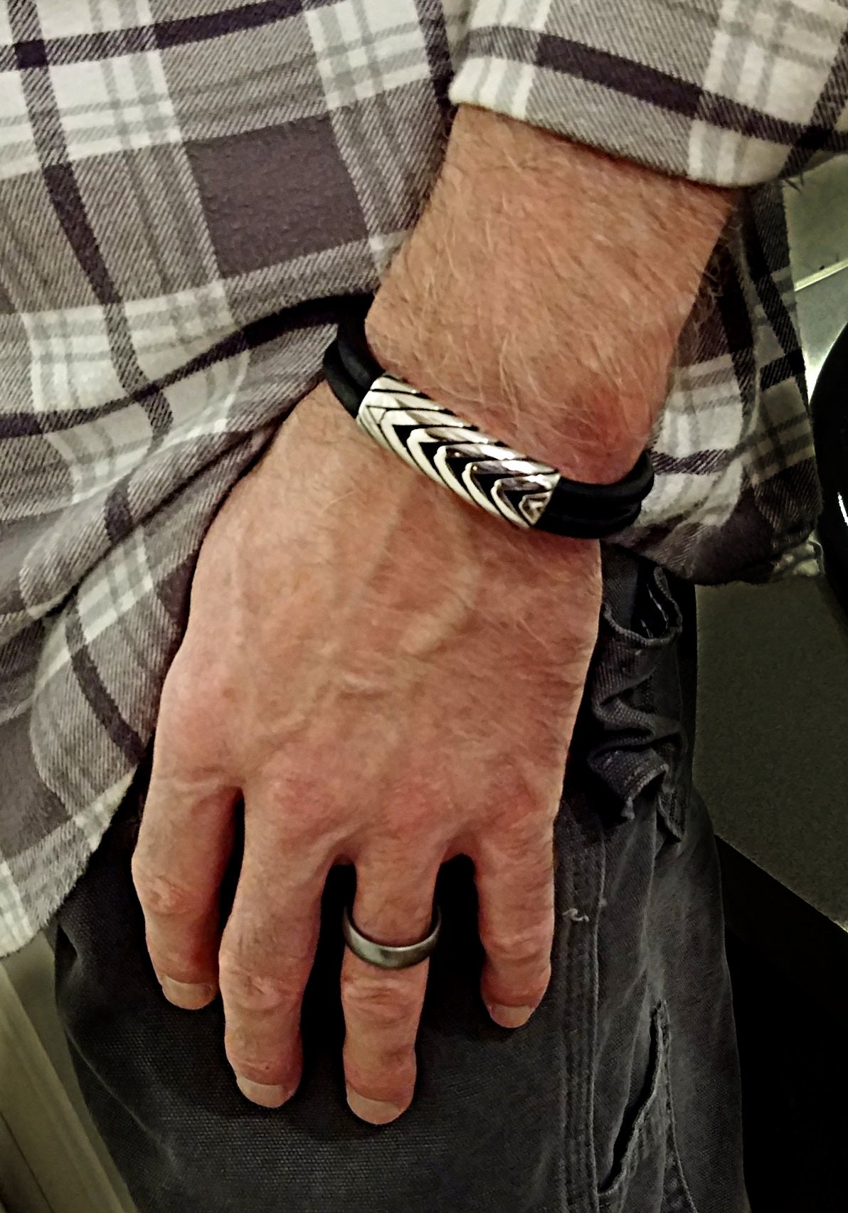 Stainless Steel Chevron Black Matte Leather Mens Bracelet 3 - Etsy