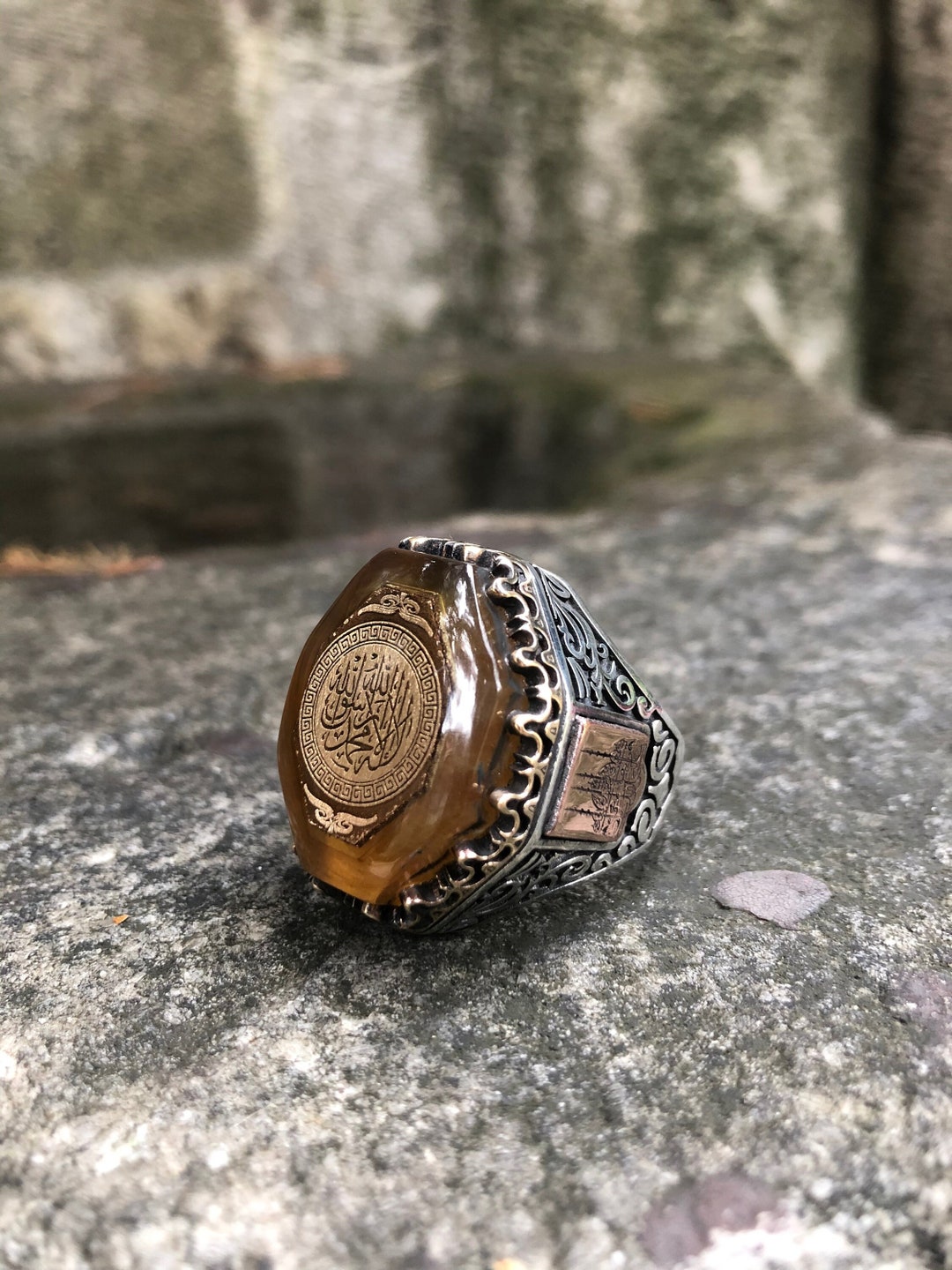 Men Ring Yellow Amber Gemstone Bronze Kalima Tawhid Shadada 925 ...