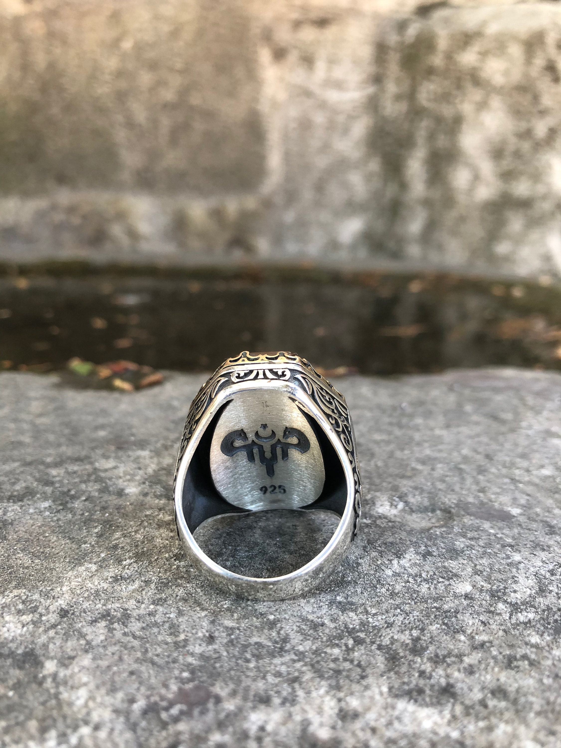 Men Ring Yellow Amber Gemstone Bronze Kalima Tawhid Shadada 925 ...