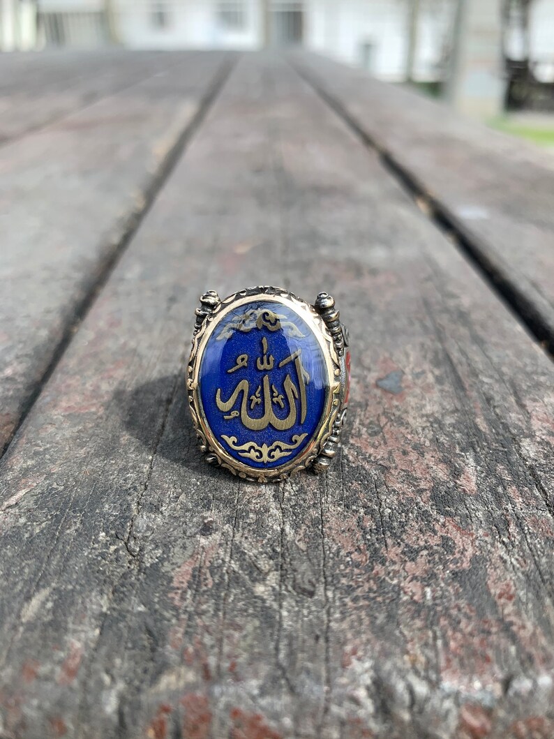 Men Ring Allah Calligraphy Bronze Blue Enamel 925 Sterling Silver ...