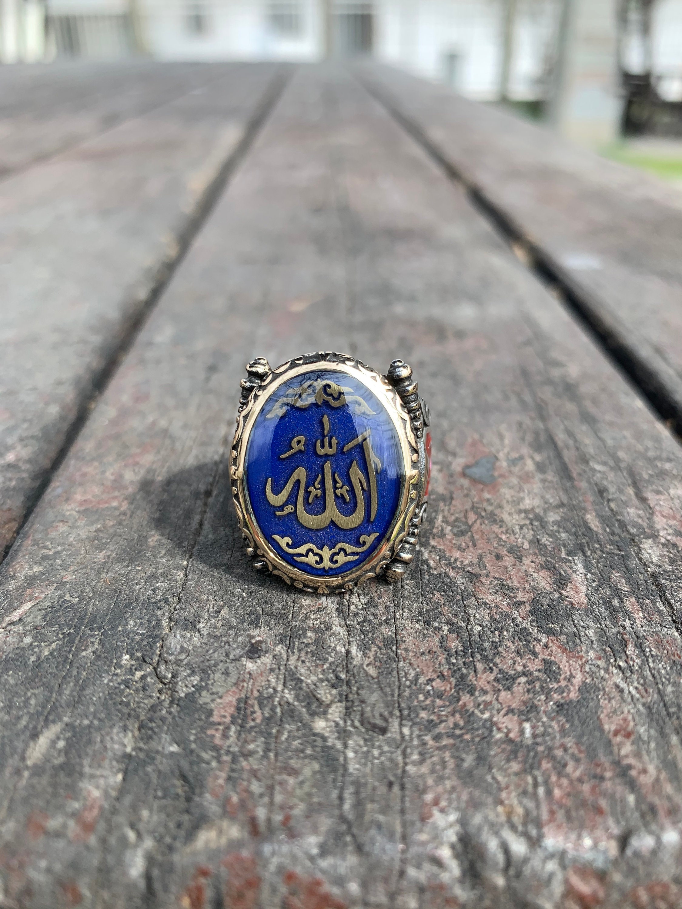 Men Ring Allah Calligraphy Bronze Blue Enamel 925 Sterling Silver ...