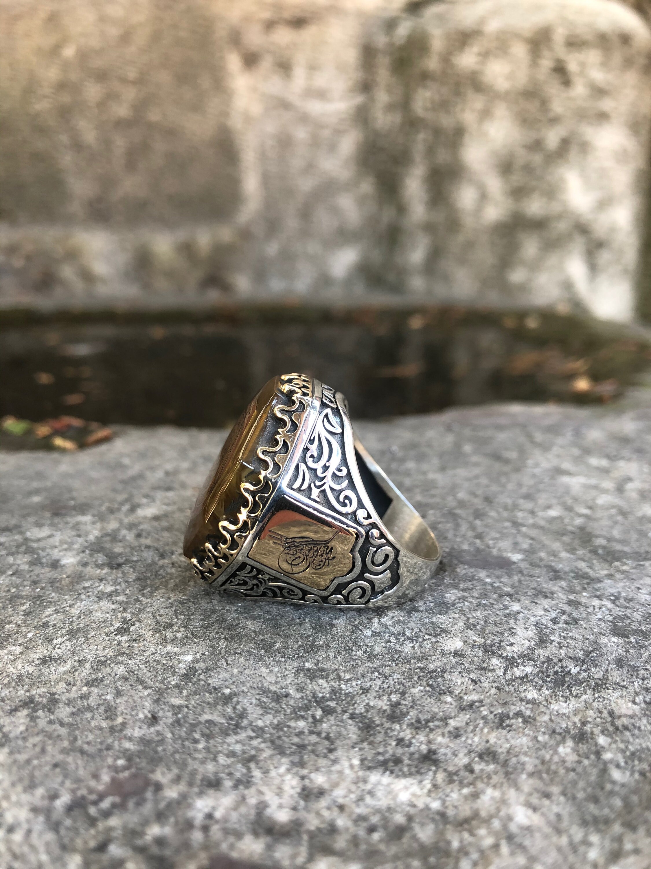 Men Ring Yellow Amber Gemstone Bronze Kalima Tawhid Shadada 925 ...