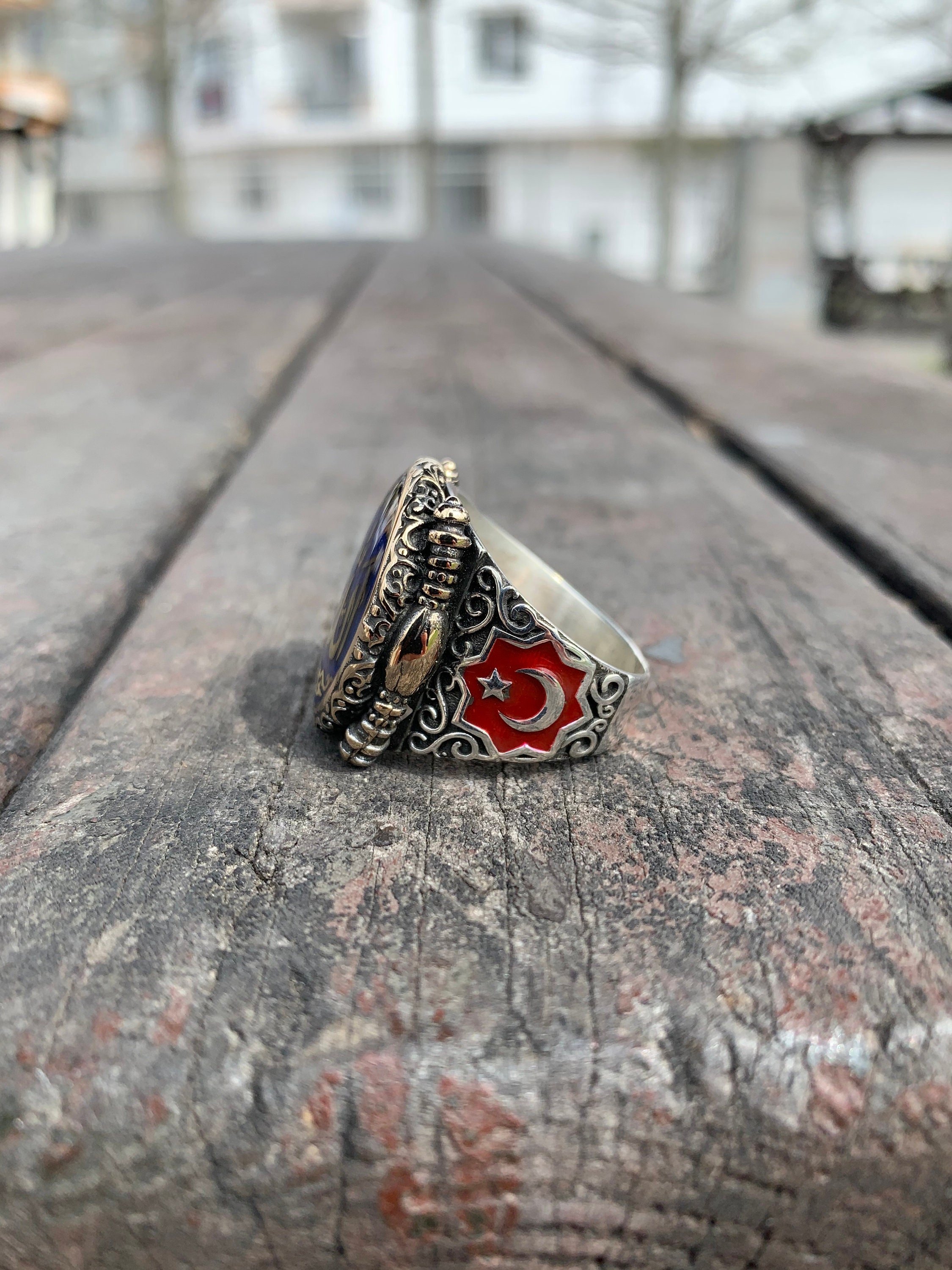 Men Ring Allah Calligraphy Bronze Blue Enamel 925 Sterling Silver ...