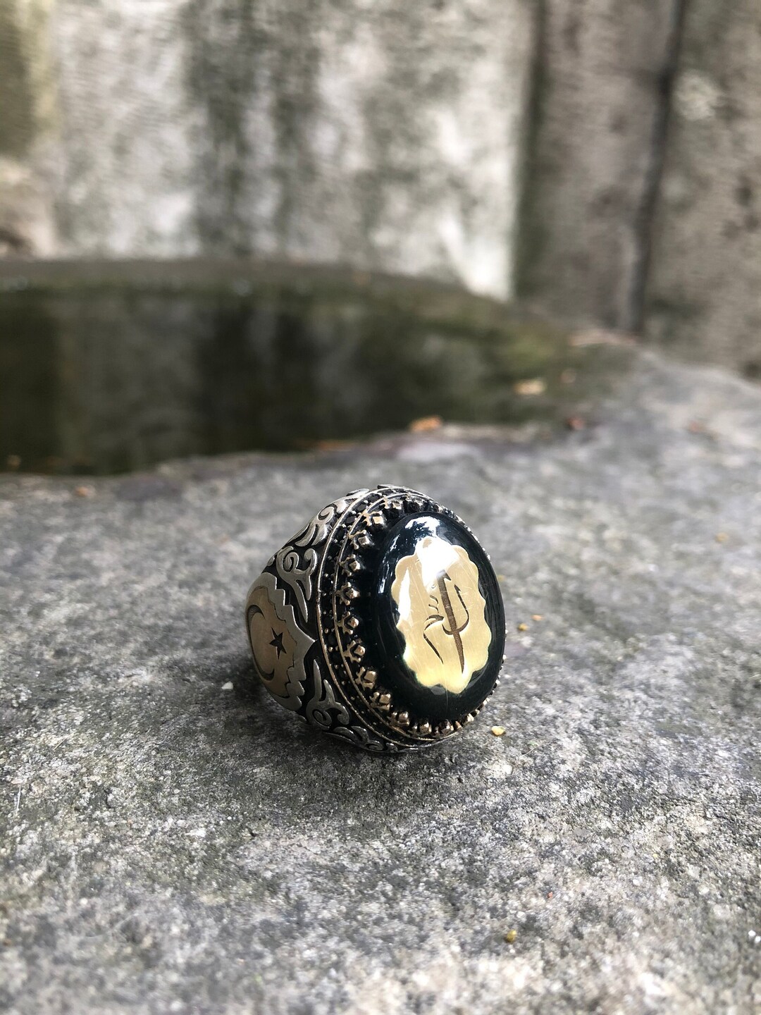 Mens Ring Navy Amber Gemstone Alif Lam Mim Bronze Calligraphy Islamic ...