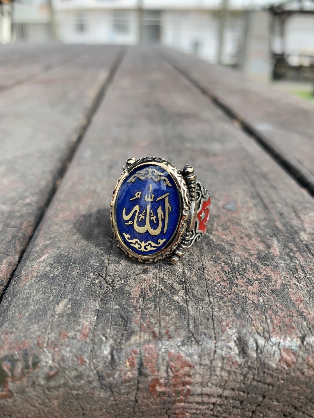 Men Ring Allah Calligraphy Bronze Blue Enamel 925 Sterling Silver ...