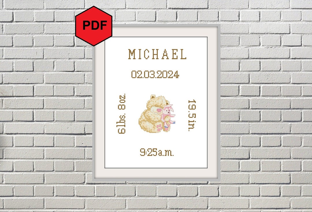 Baby Announcement Birth Cross Stitch Pattern, Pink Baby Bear Cross ...