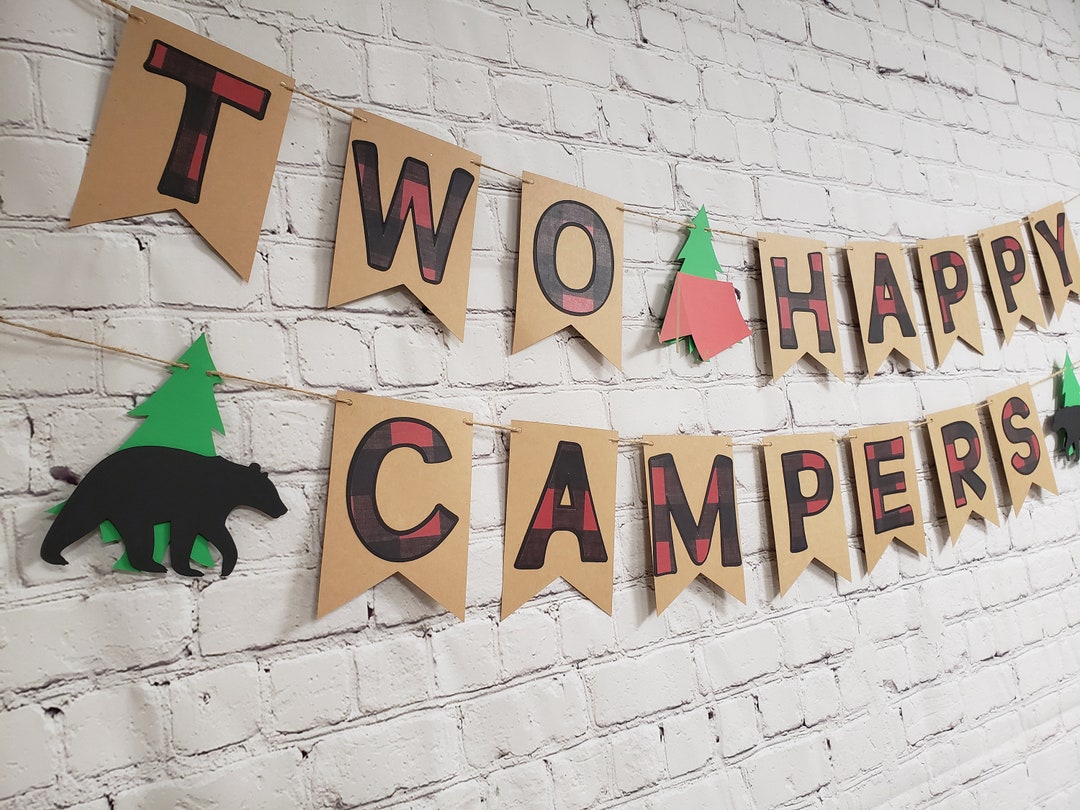 Two Happy Campers Banner. Lumberjack Banner. Camping Birthday Banner ...