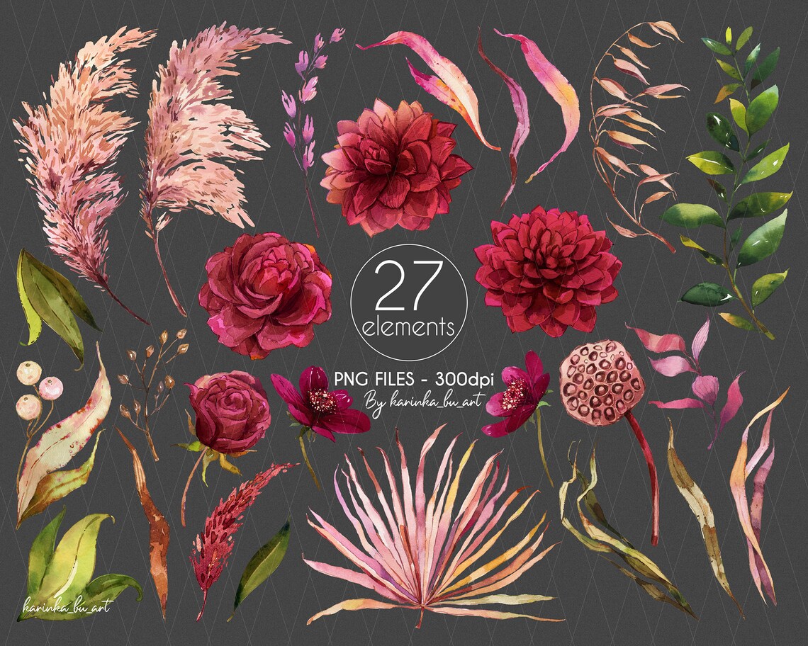 Floral Elements Boho Clipart Purple Flower Svg Marsala Flowers ...