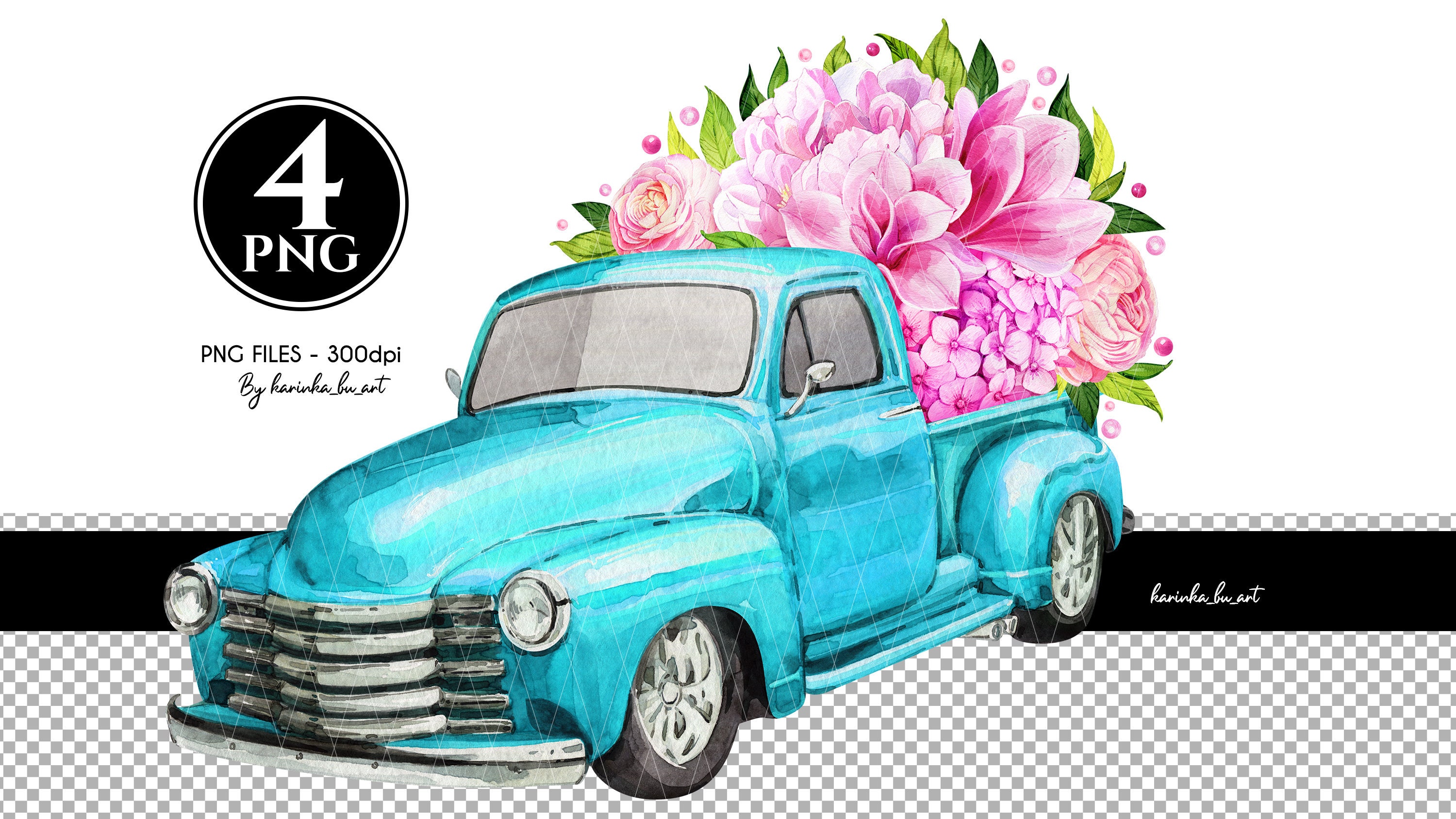 4 Vintage Blue Pickup Truck Watercolor Clipart Sublimation - Etsy