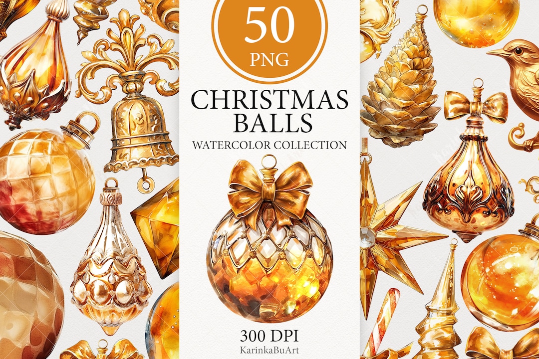 Gold Christmas Ornaments Clipart Bundle, Christmas Balls PNG, Ornaments ...