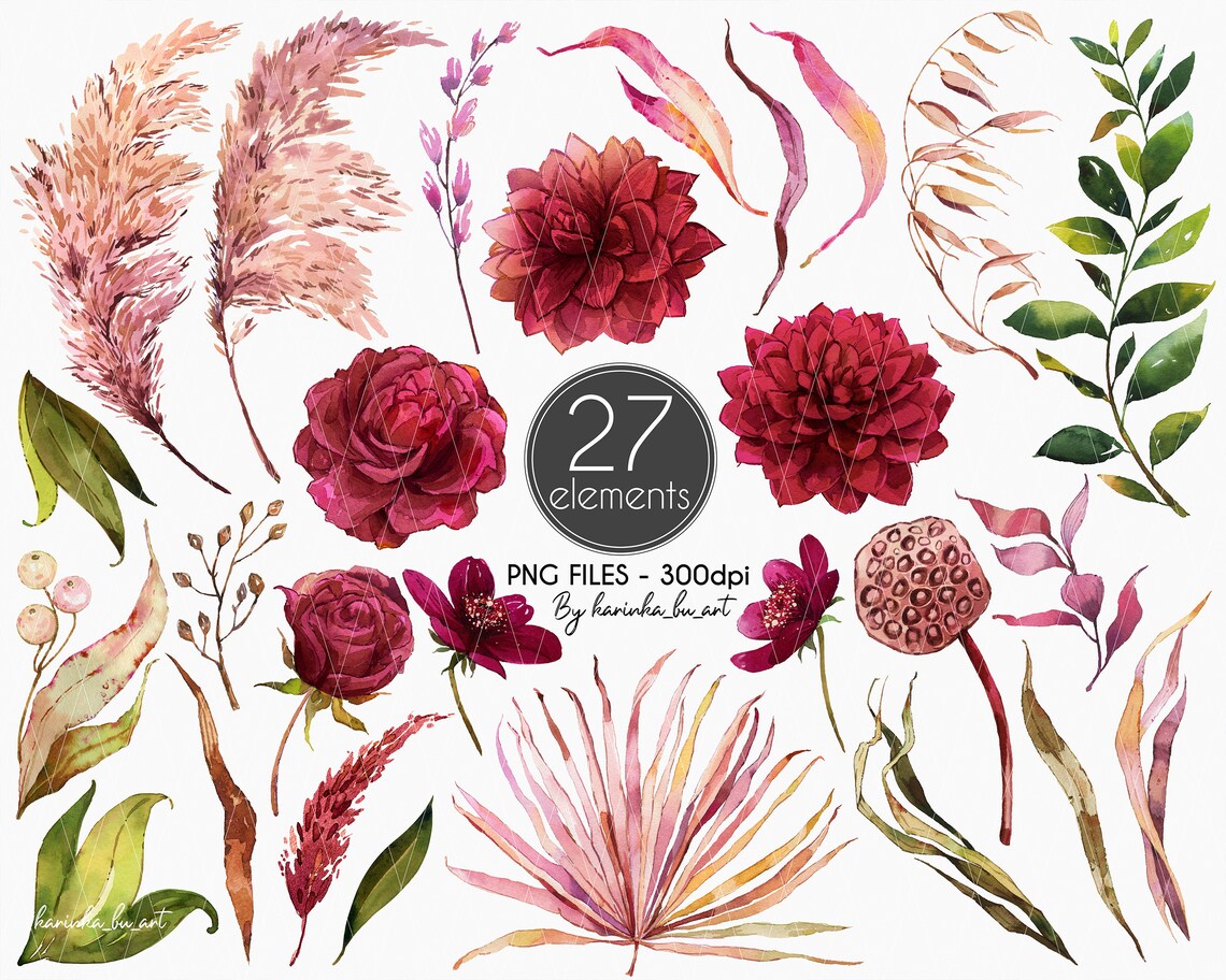 Floral Elements Boho Clipart Purple Flower Svg Marsala Flowers ...