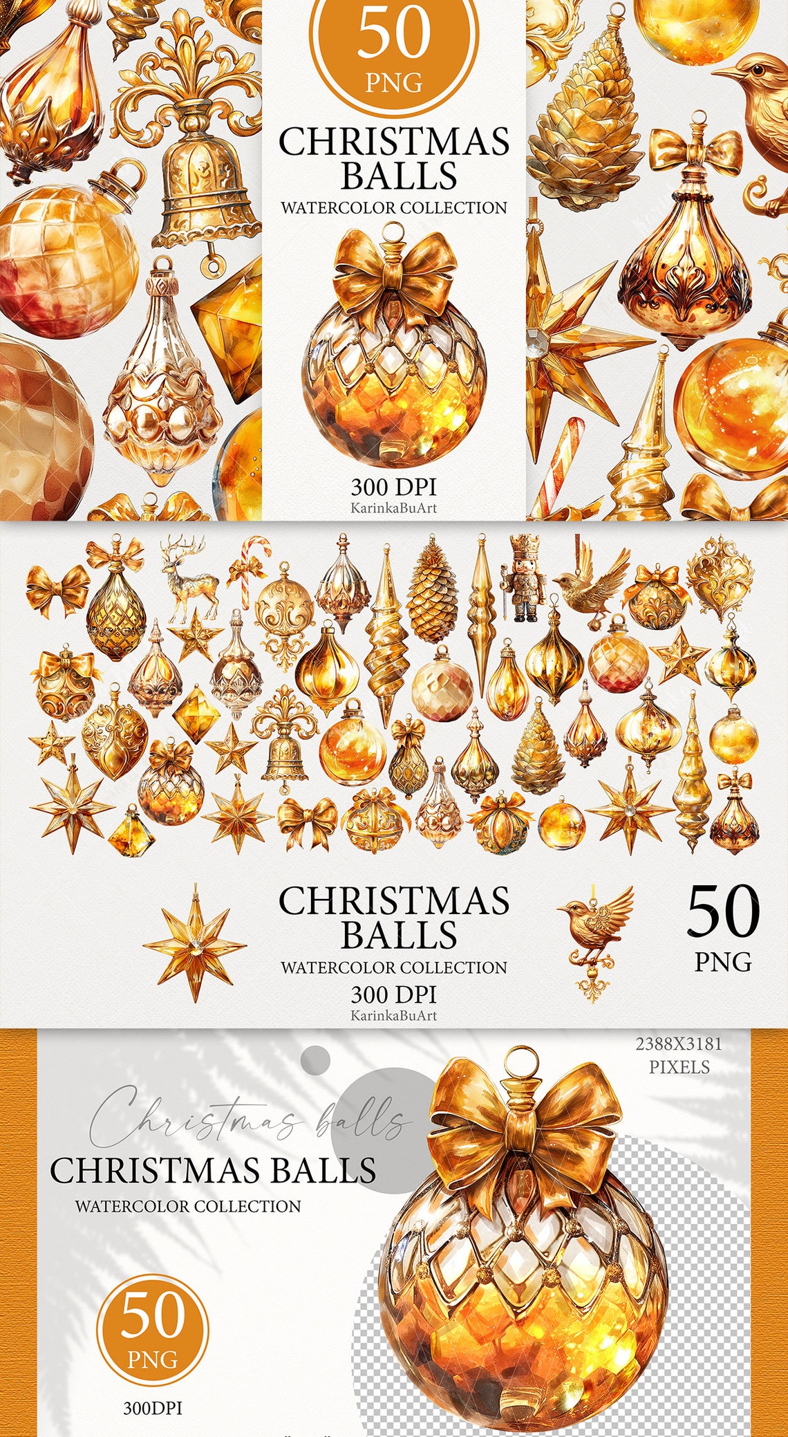 Gold Christmas Ornaments Clipart Bundle, Christmas Balls PNG, Ornaments ...