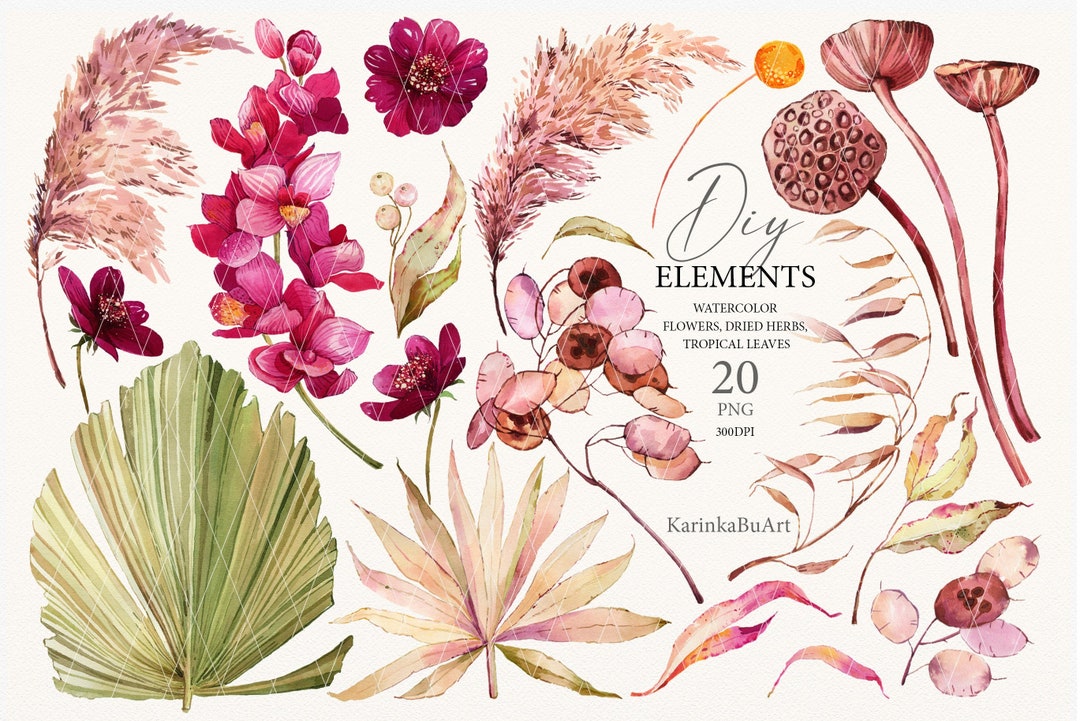 Floral Elements Boho Clipart Purple Flower Mix Marsala Flowers ...