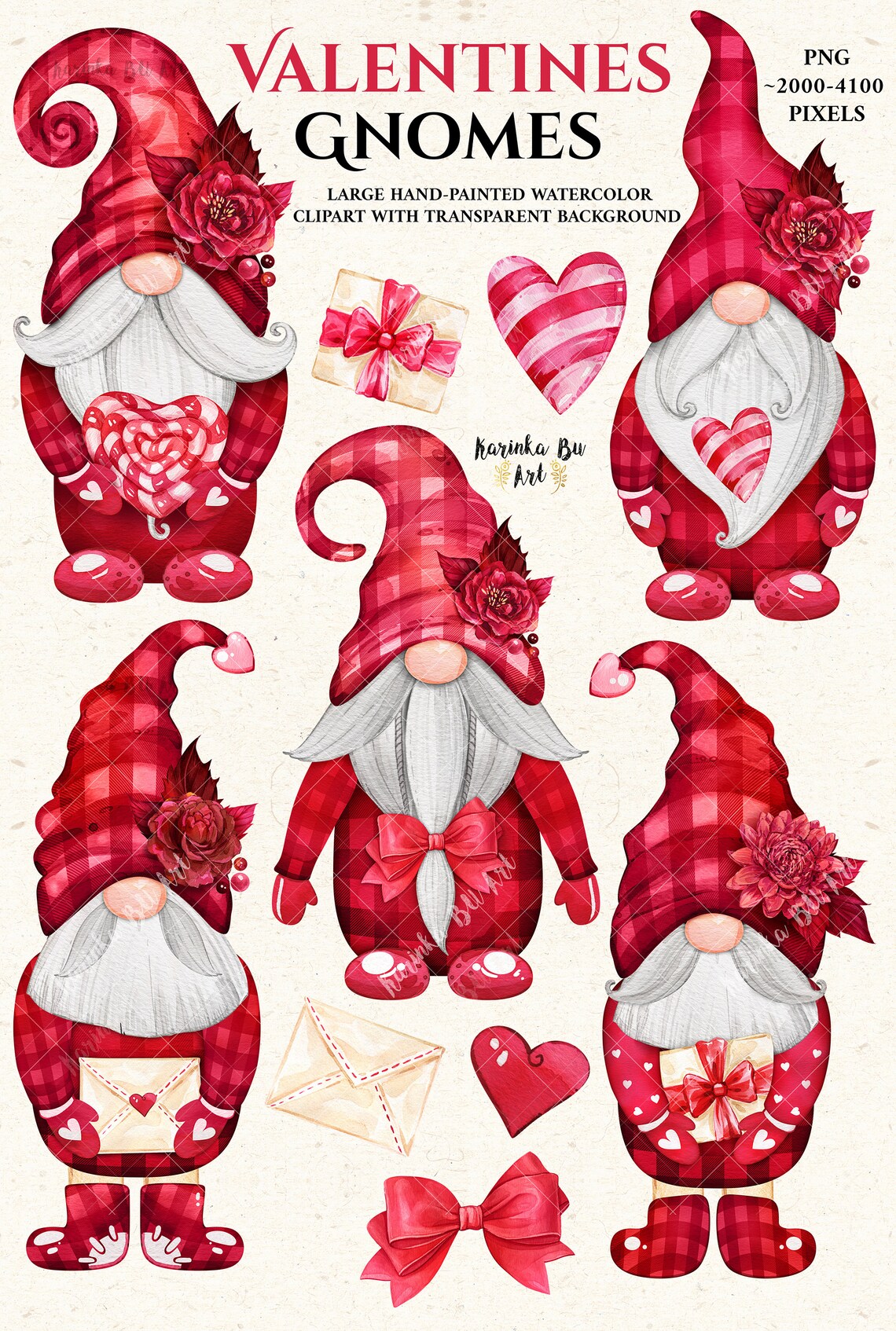 Valentine Gnome Clipart Sublimation Designs. Watercolor Gnomes | Etsy