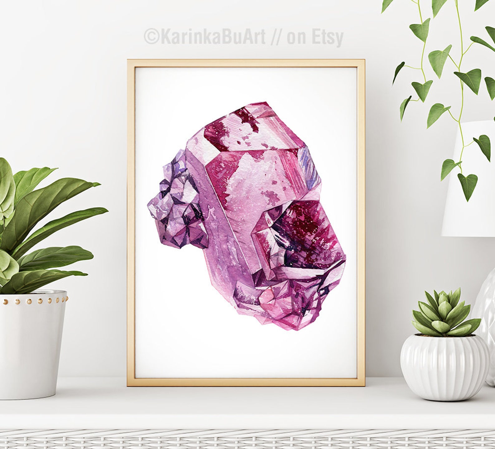 Watercolor Painting Crystal Painted Rocks Mineral Poster Print | Etsy