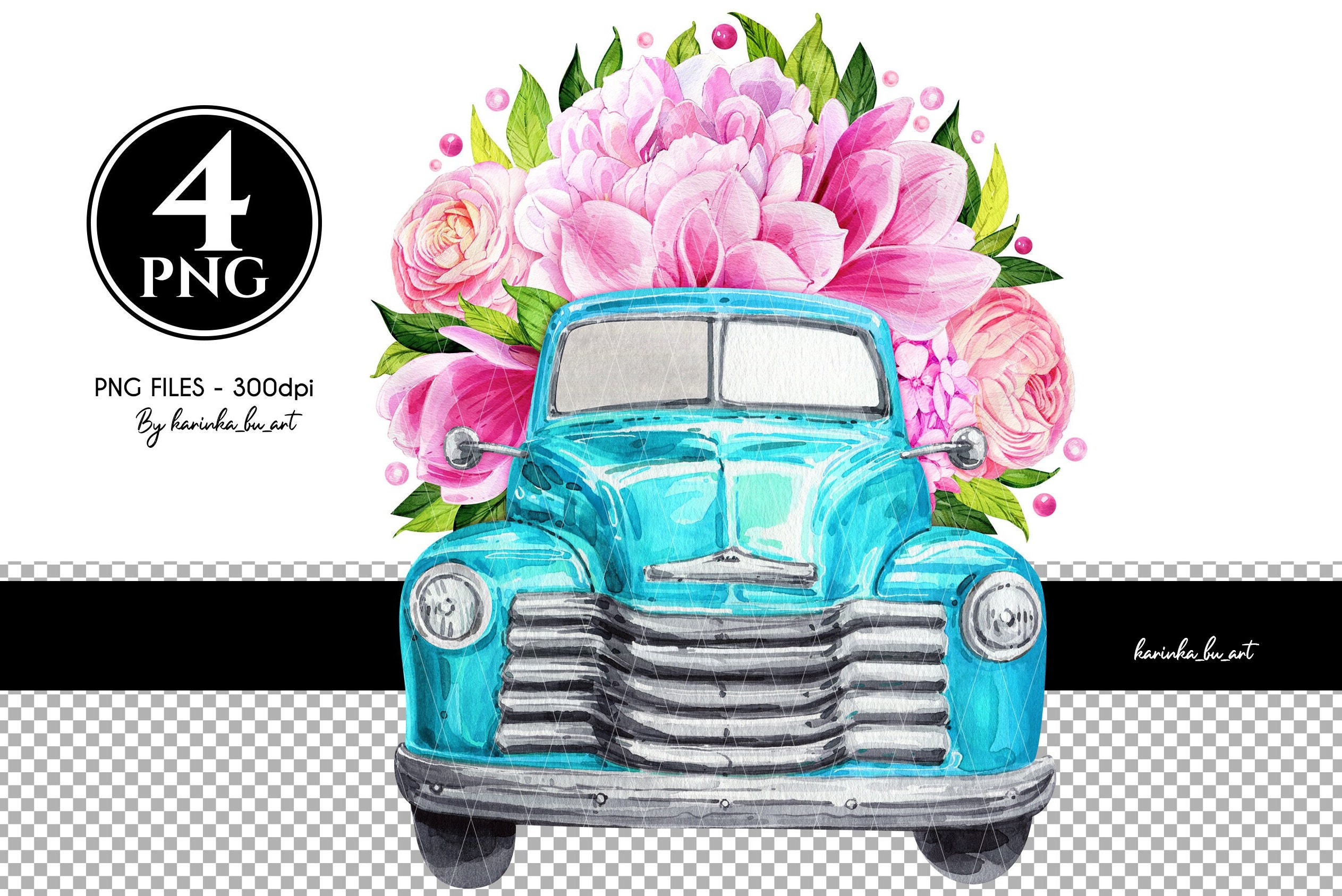 4 Vintage Blue Pickup Truck Watercolor Clipart Sublimation - Etsy