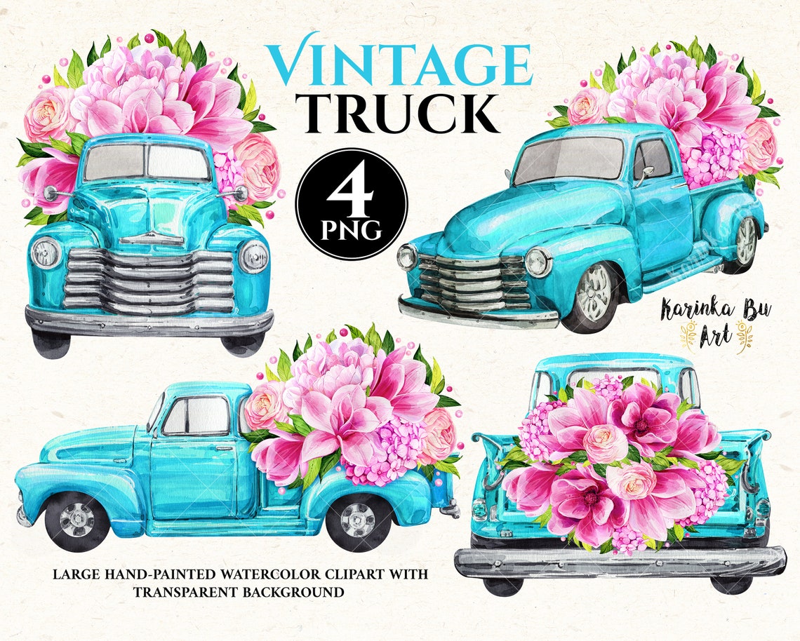4 Vintage Blue Pickup Truck Watercolor Clipart Sublimation - Etsy