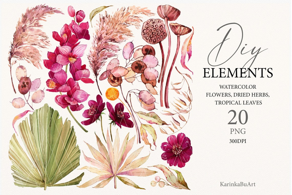 Floral elements Boho clipart Purple flower svg Marsala flowers | Etsy