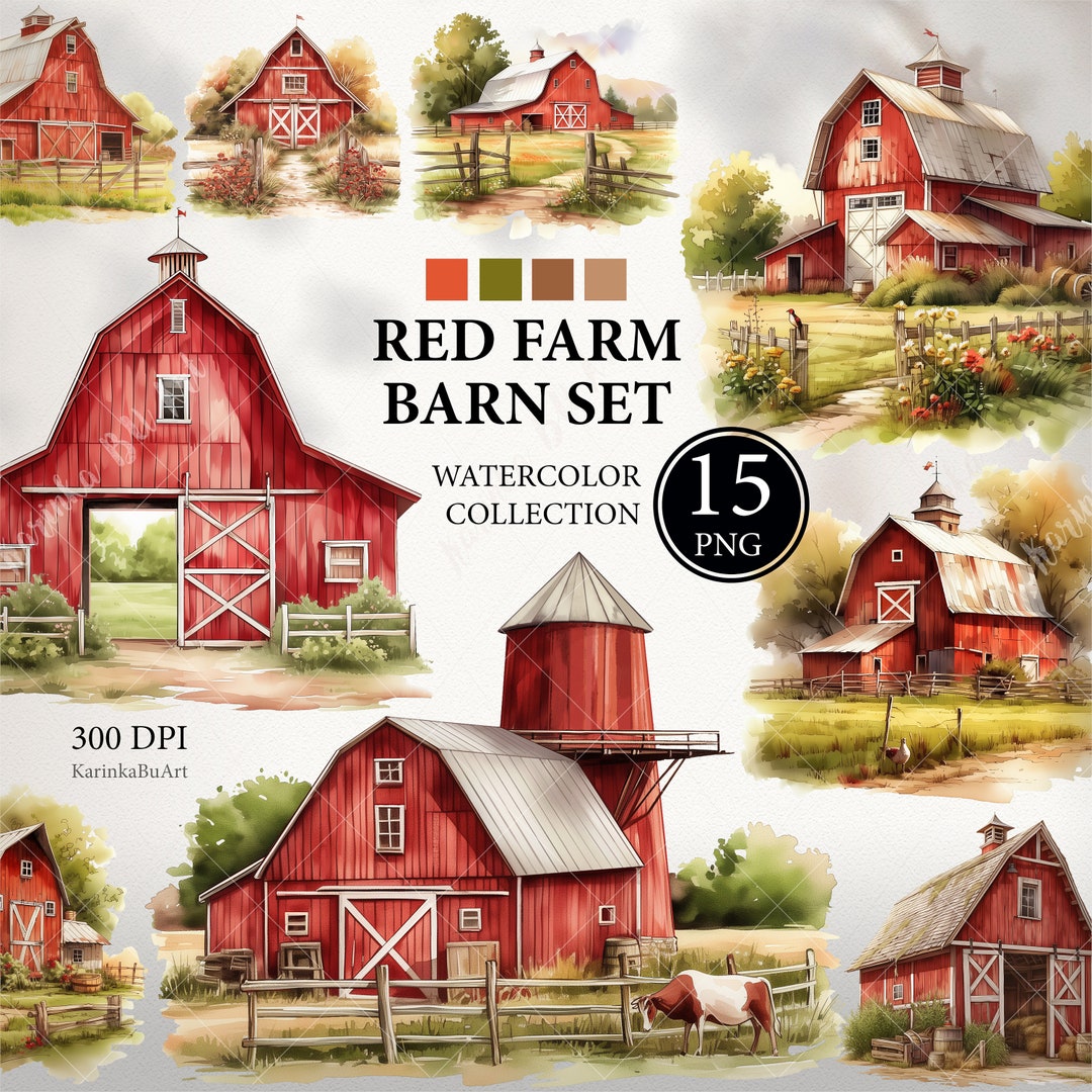 Red Barn Farmhouse Watercolor Clipart Set Rustic Modern Cottagecore ...