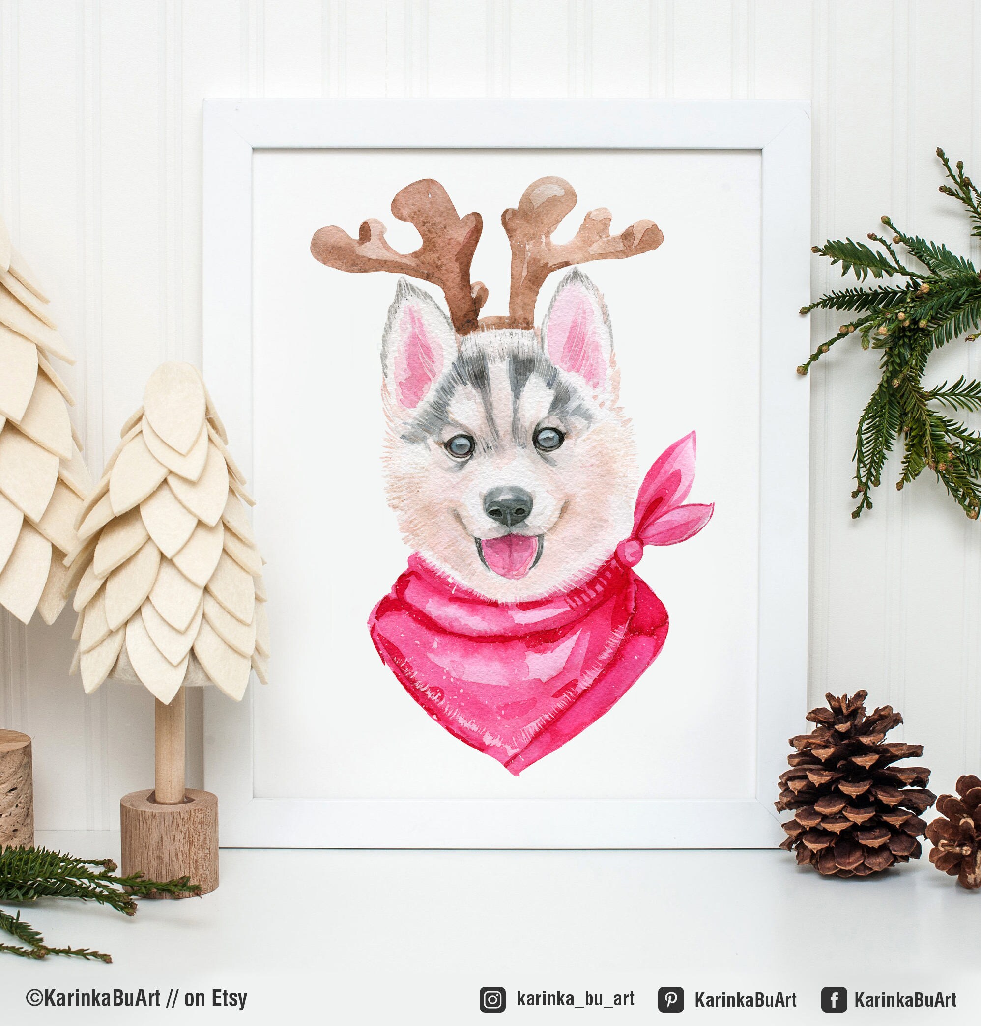 Husky Art Print in a antler Siberian Husky Watercolor Print | Etsy