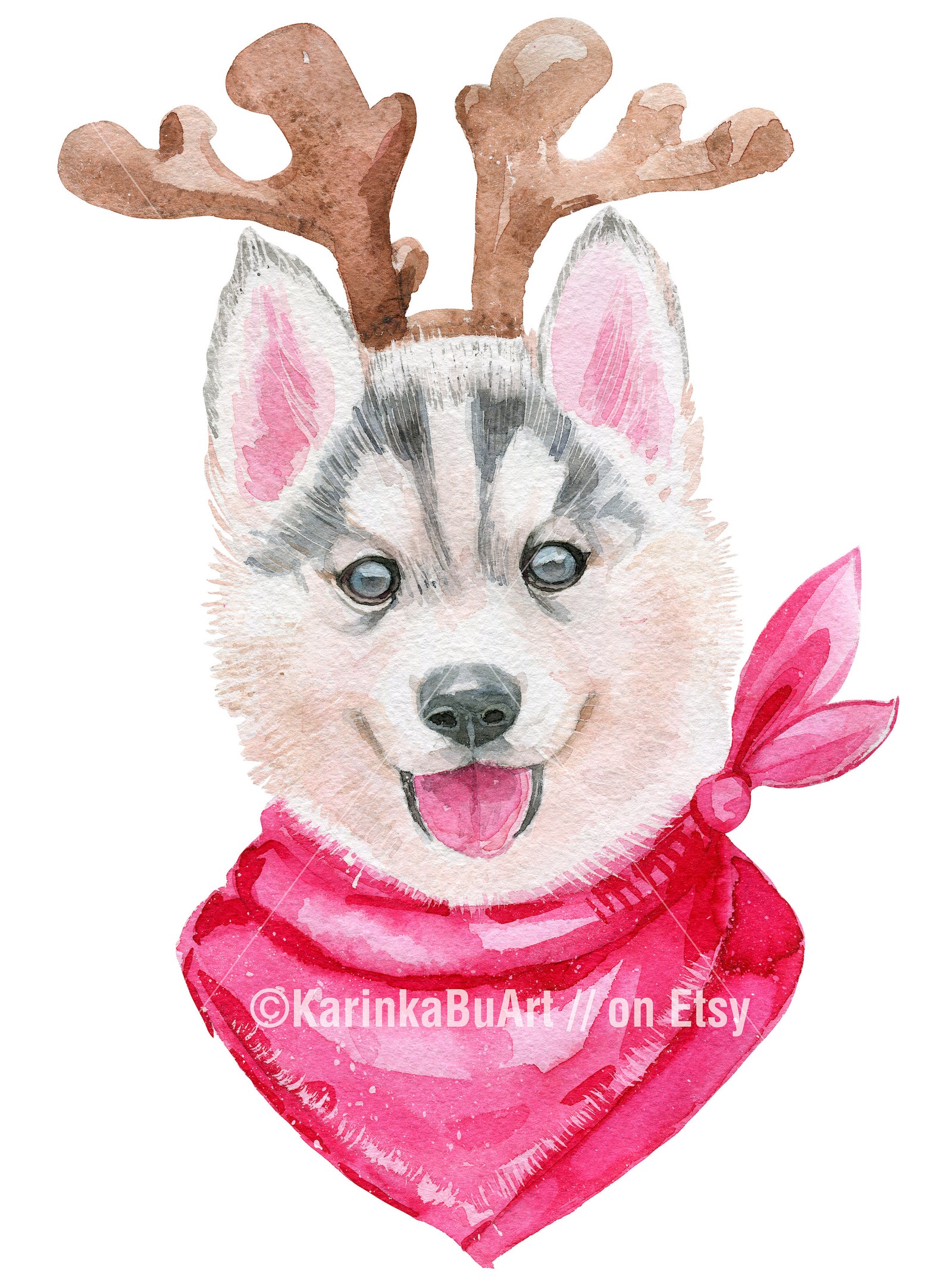 Husky Art Print in a Antler Siberian Husky Watercolor Print - Etsy