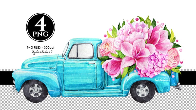 4 Vintage Blue Pickup Truck Watercolor Clipart Sublimation - Etsy