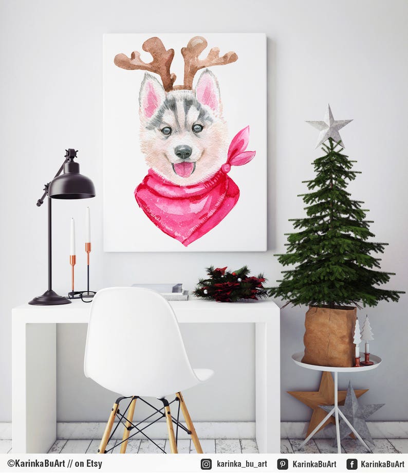Husky Art Print in a antler Siberian Husky Watercolor Print | Etsy