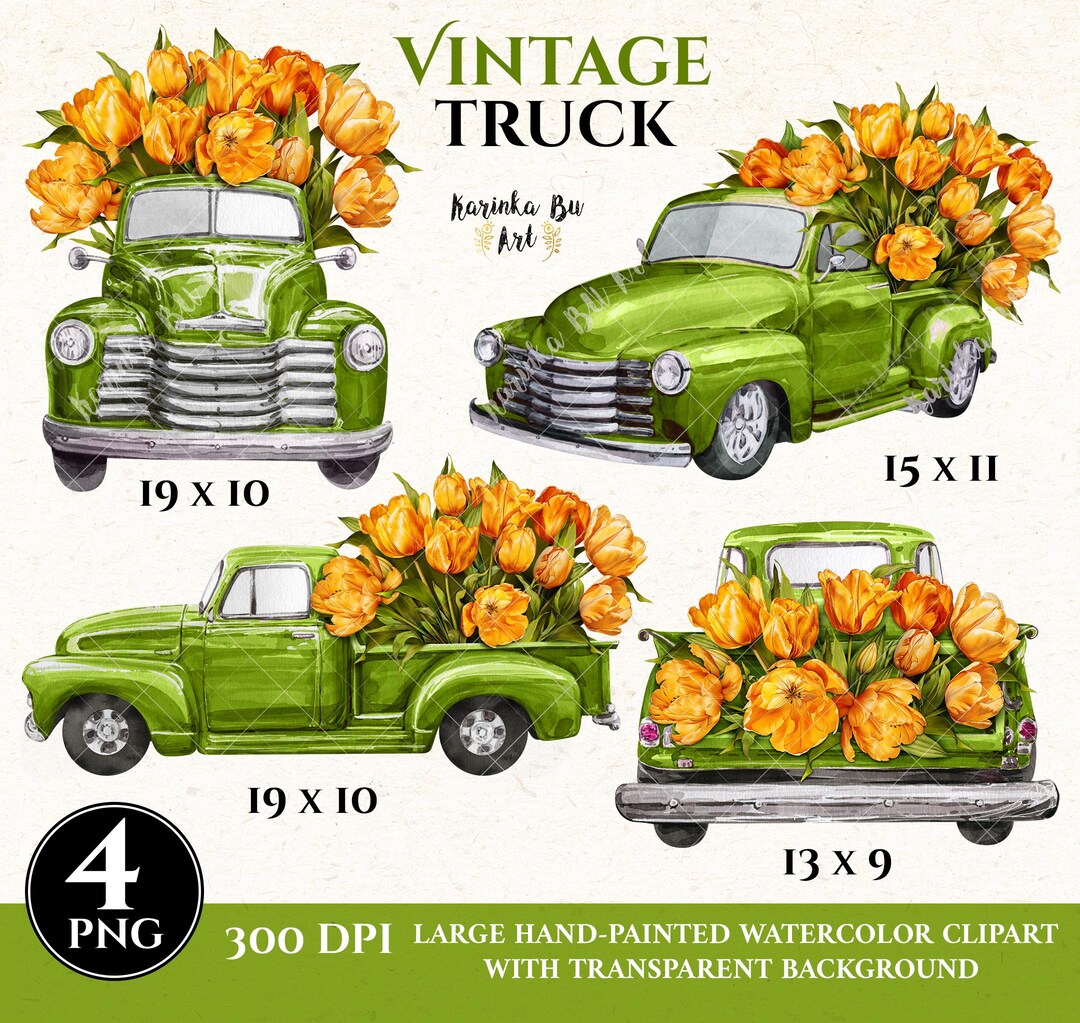 Watercolor Vintage Green Truck With Blossom Yellow Tulip Flowers ...