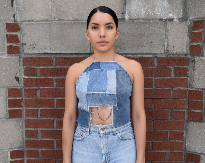 Denim Halter Top With Vinyl / PVC, Reworked Denim Shirt, Denim Top - Etsy