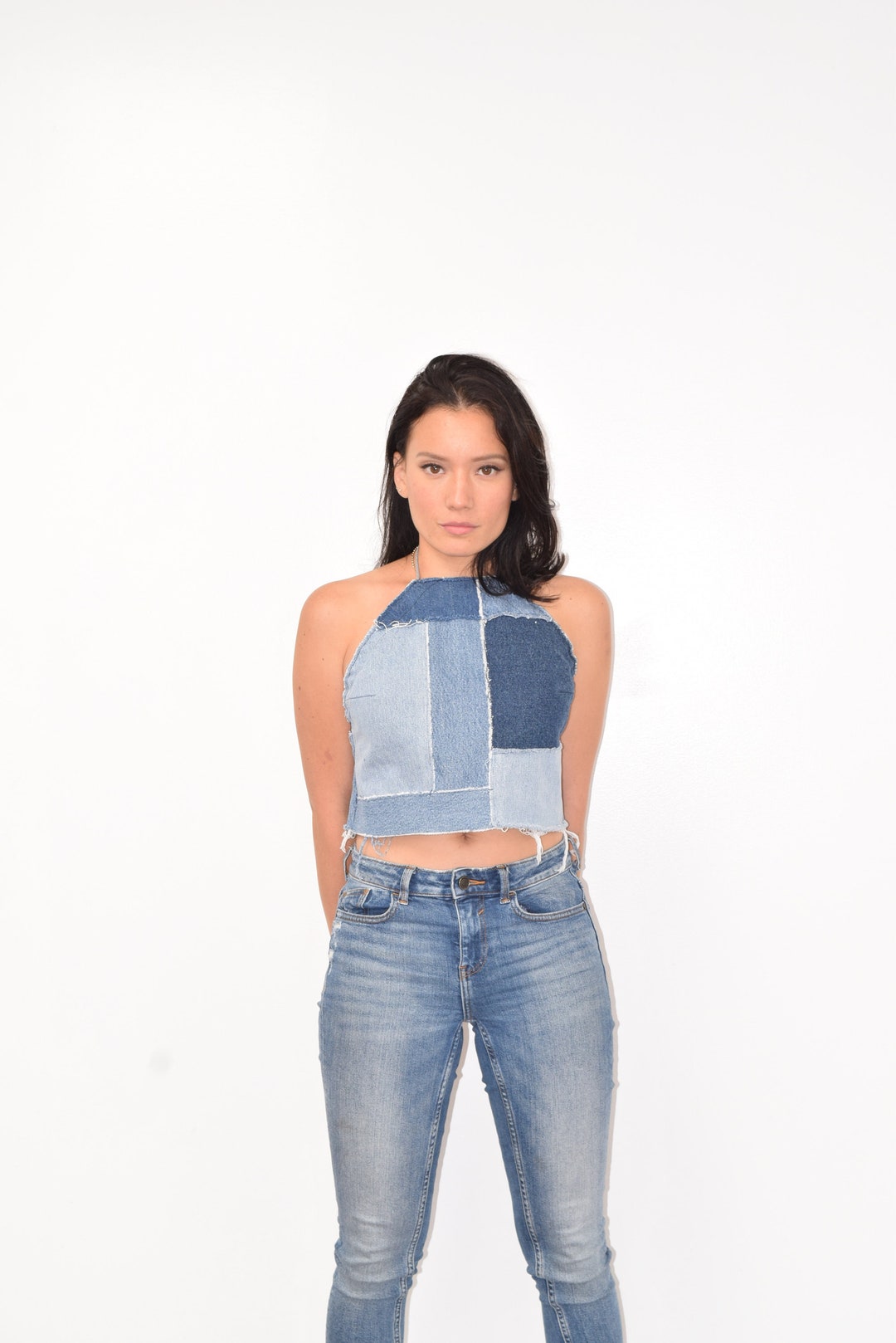 Denim Halter Top , Denim Summer Top Recycled Denim, Patchwork Denim - Etsy