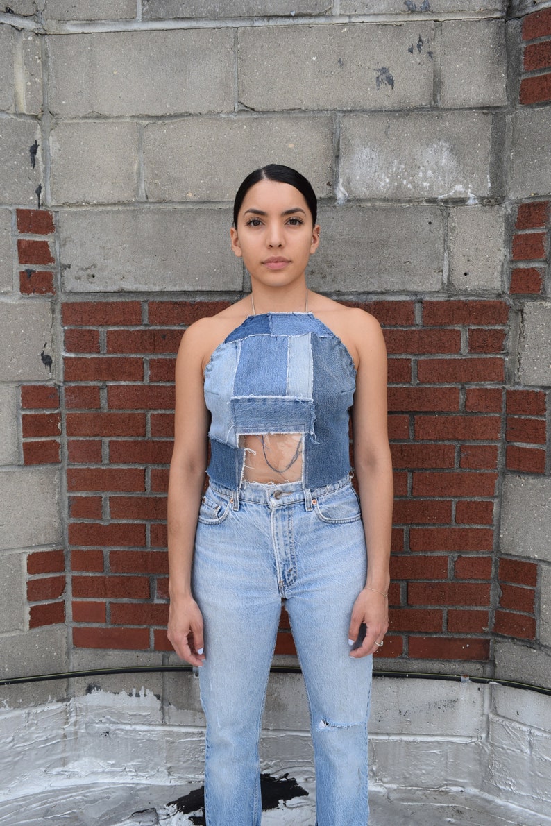 Denim Halter Top With Vinyl / PVC Reworked Denim Shirt Denim - Etsy