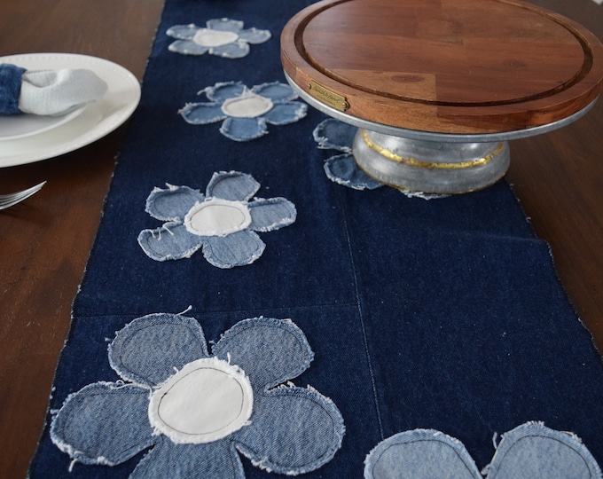 Denim Table Runner,denim Table Cloth, Floral Table Runner - Etsy