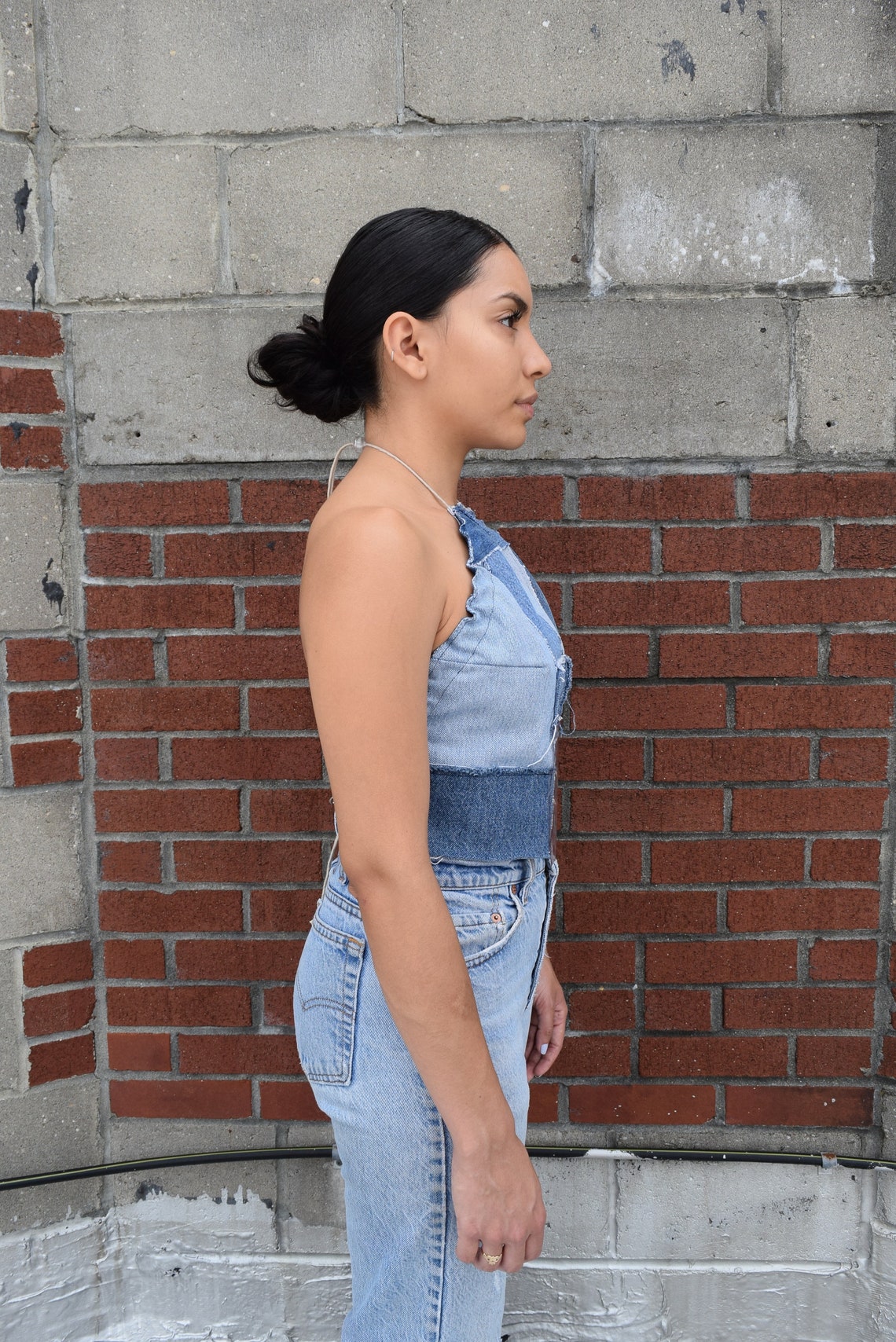 Denim Halter Top With Vinyl / PVC Reworked Denim Shirt Denim - Etsy