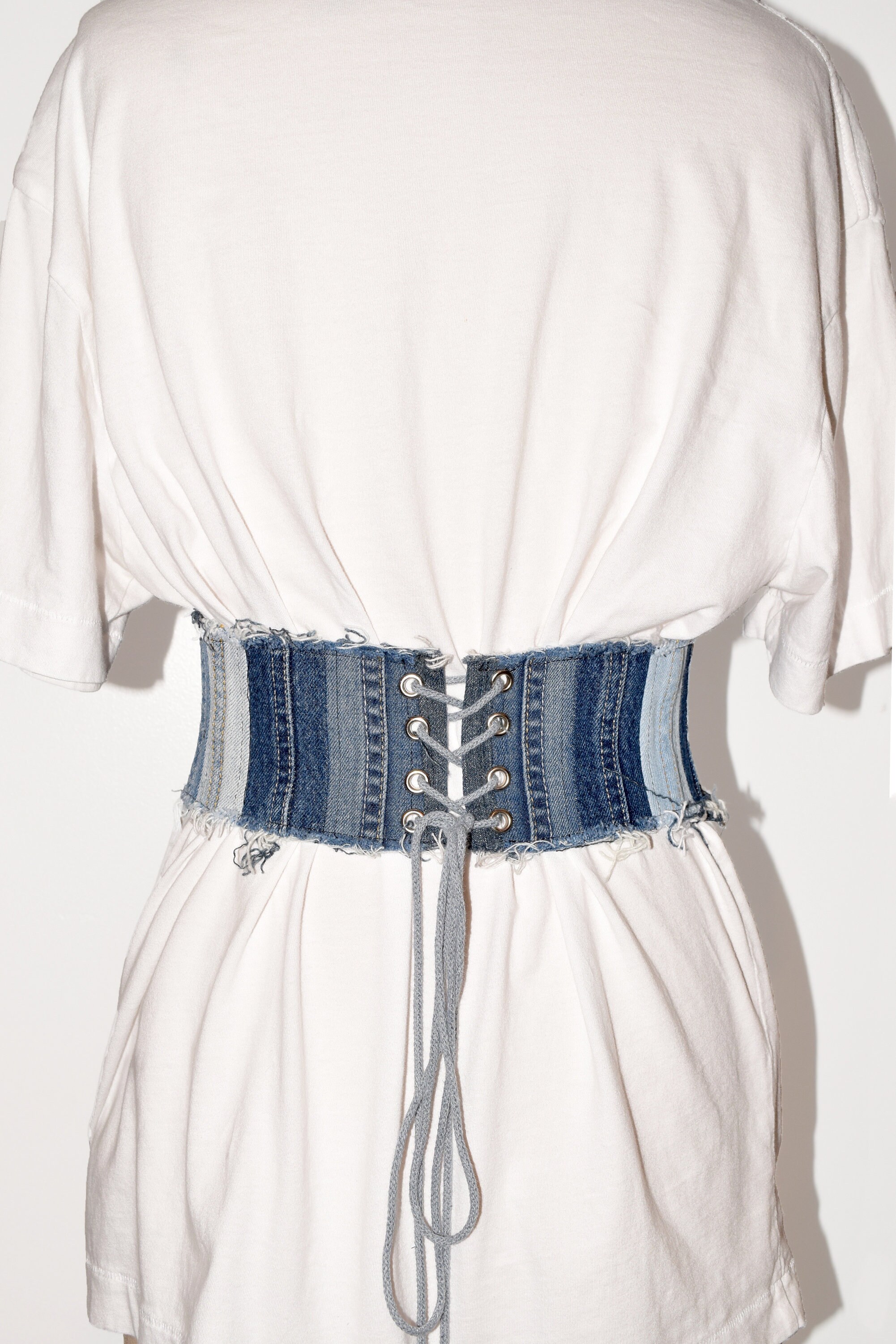 Denim Corset Belt: Patchwork Tie-back, Recycled Materials - Etsy