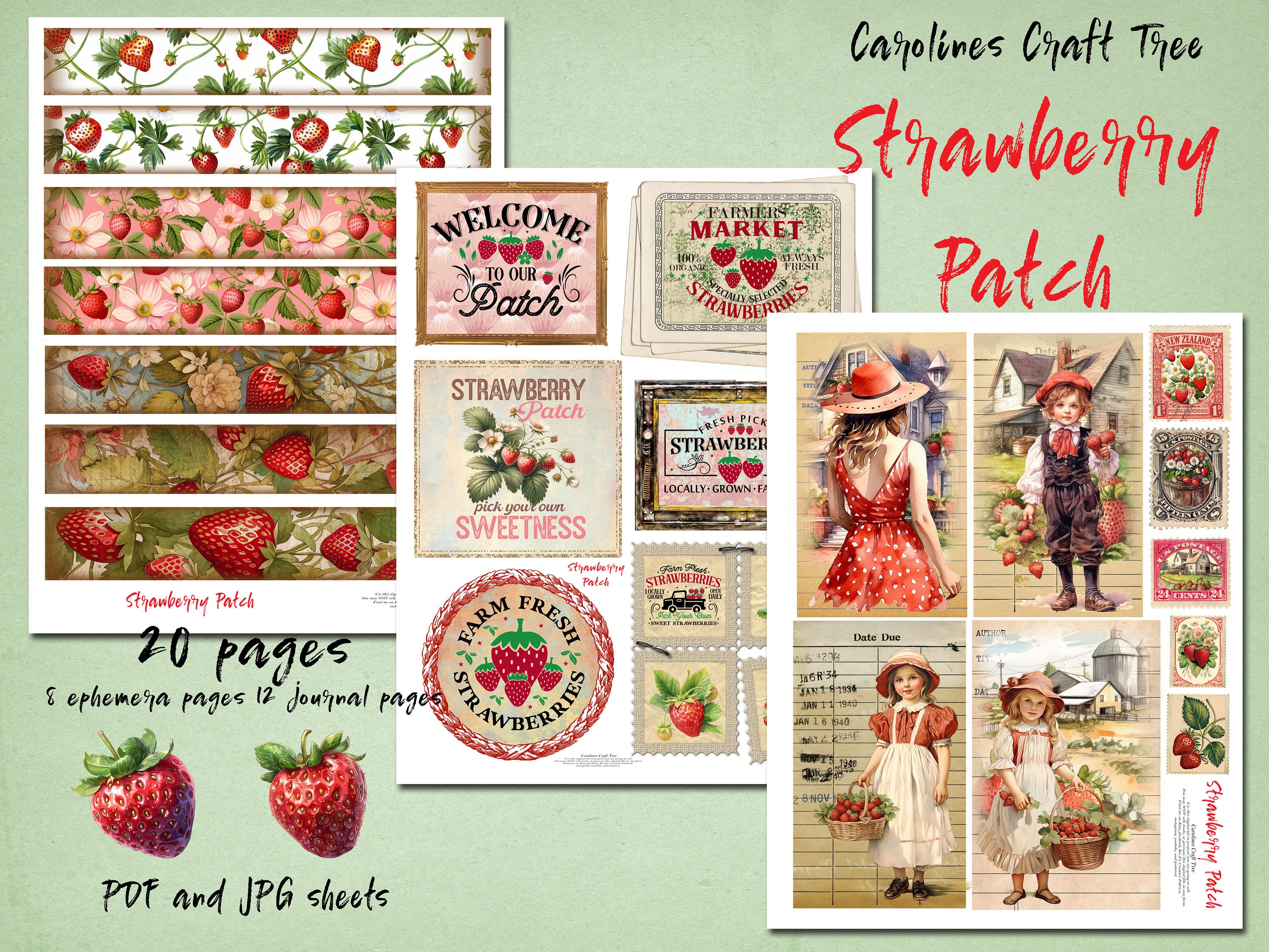Strawberry Patch Digital Kit Journaling Set, Junk Journal, Instant ...