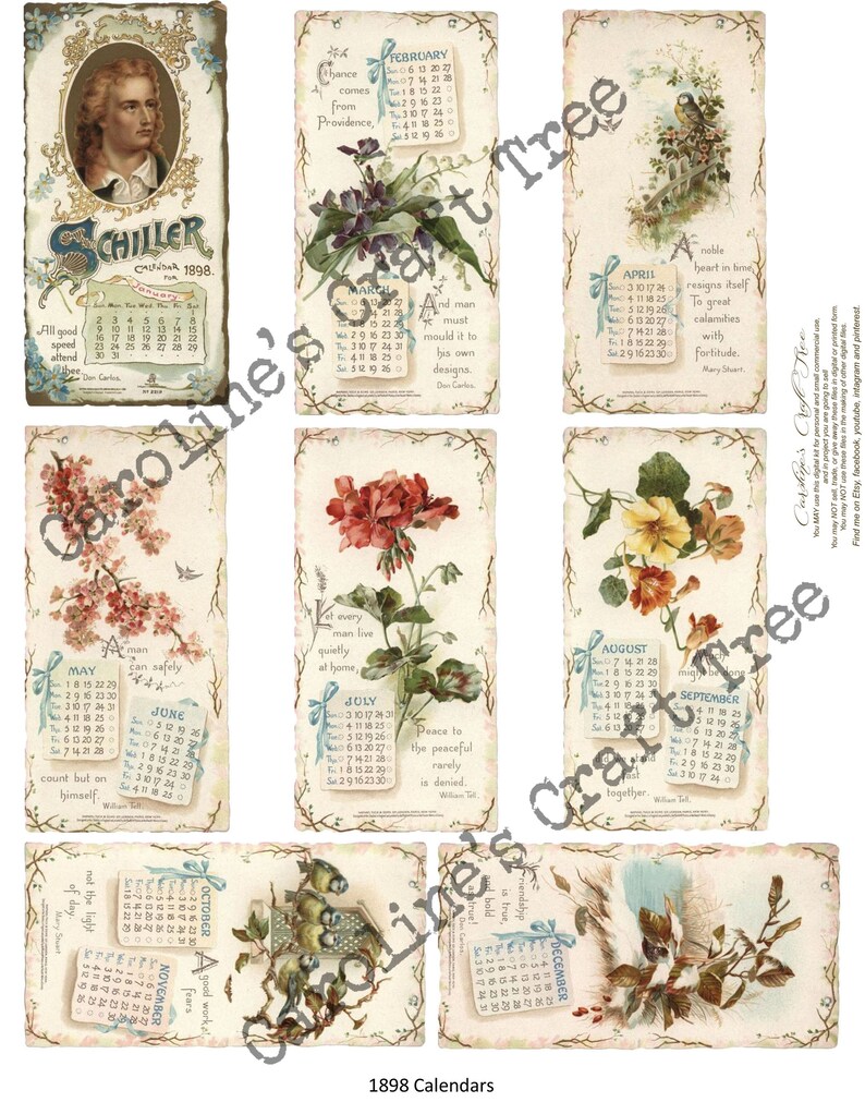1898 Calendar Junk Journaling Card Set Instant Download | Etsy