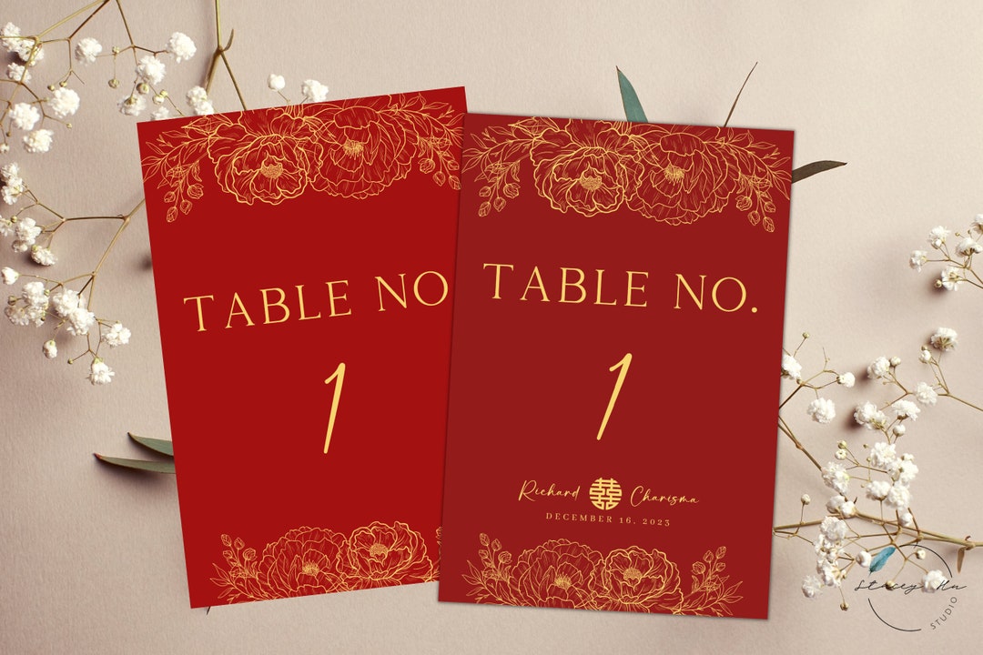 Red & Gold Wedding Table Number Card: Chinese Ceremony (digital ...
