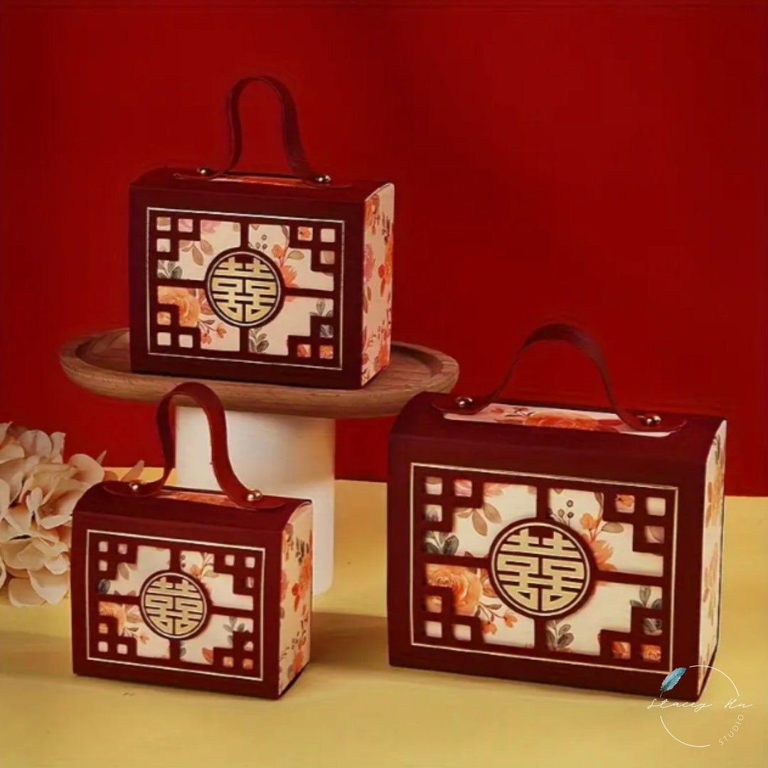 Floral Double Happiness Chinese Wedding Favor Boxes With Handles (set ...
